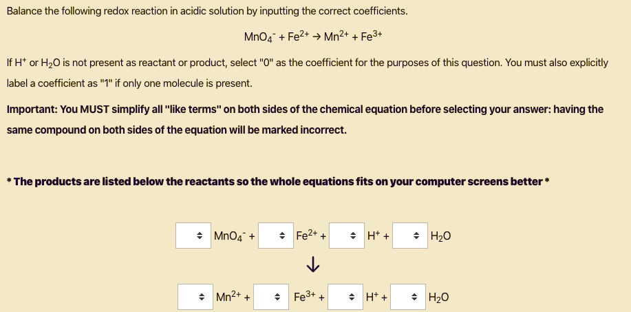 SOLVED: Balance the following redox reaction in acidic solution by ...