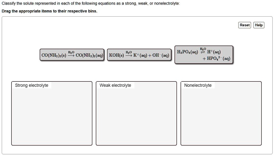 SOLVED: Classify the solute represented in each of the following equations as strong, weak, or ...