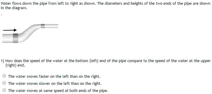 SOLVED: Water flows down the pipe from left to right as shown: The ...