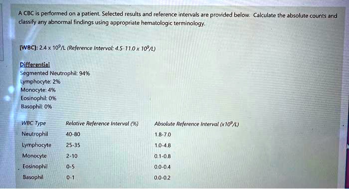 SOLVED: A CBC is performed on patient. Selected results and reference ...