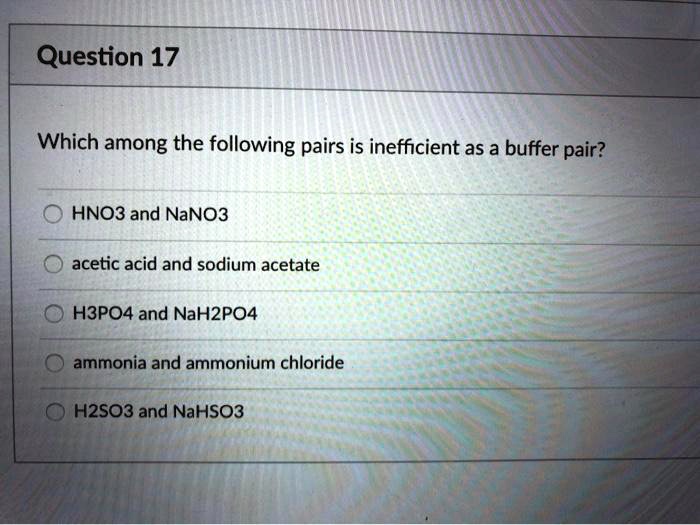 SOLVED: Which among the following pairs is inefficient as a buffer pair? HNO3 and NaNO3 acetic ...