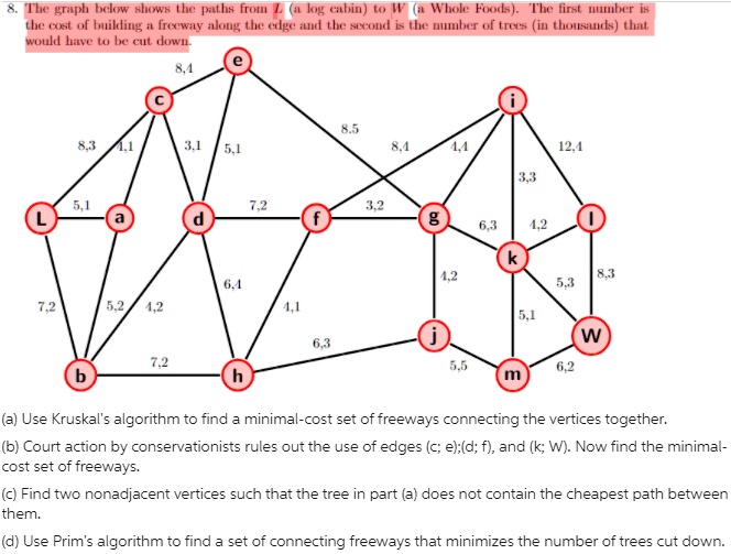 SOLVED: 8. The graph below shows the paths from La log cabin to Wa Whole Foods. The first number ...