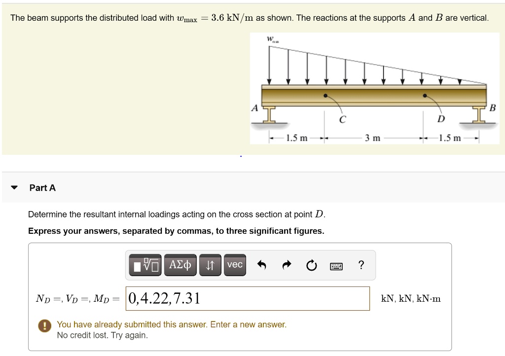 SOLVED: The beam supports the distributed load with wmax = 3.6 kN/m as shown. The reactions at ...