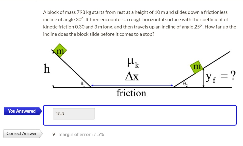 SOLVED: A block of mass 798 kg starts from rest at a height of 10 m and slides down a ...