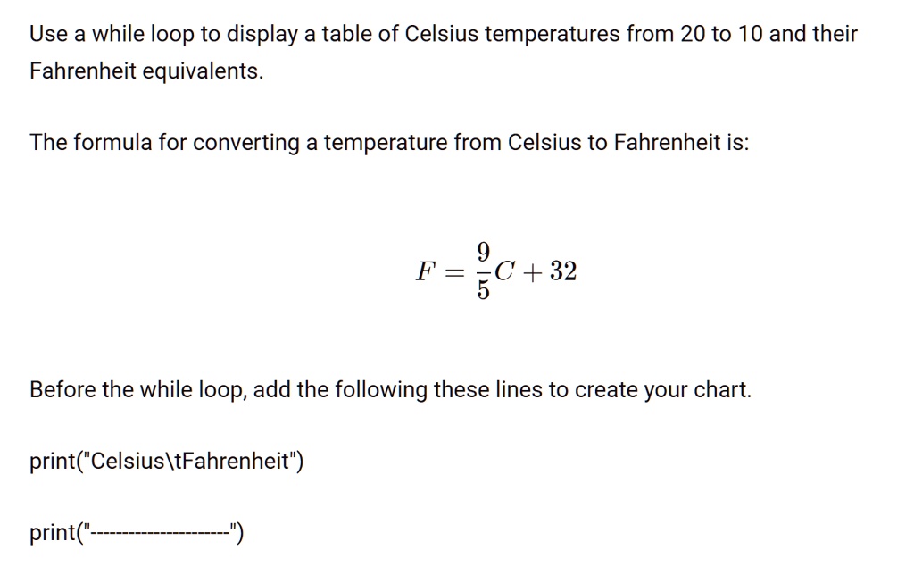 Solved This Is A Python Programming Question Use A While Loop To Display A Table Of Celsius 1080