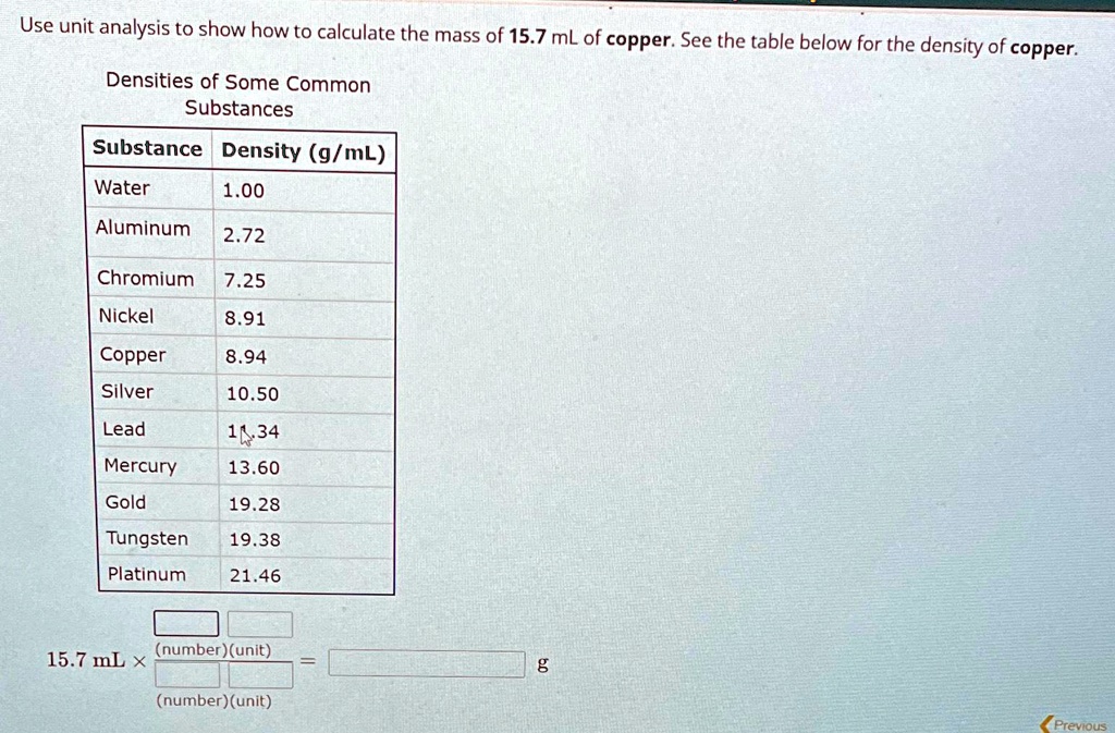 Use unit analysis to show how to calculate the mass of 15.7 mL of ...