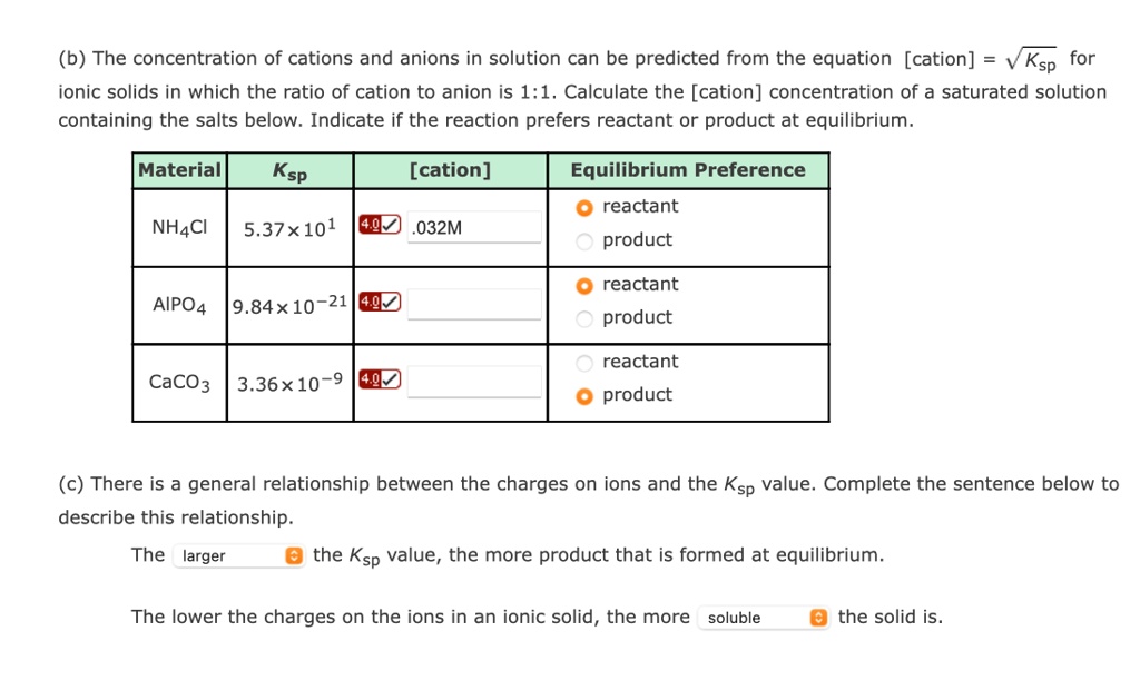 SOLVED: (b) The concentration of cations and anions in solution can be ...