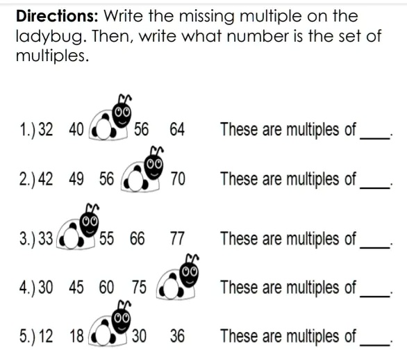 directions write the missing multiple on the ladybug then write what ...