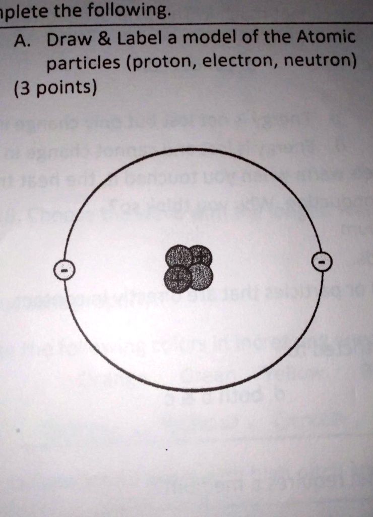 Complete the following. A. Draw Label a model of the Atomic particles (proton, electron, neutron ...