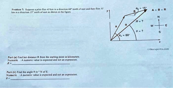 SOLVED: Problem 7: Suppose a pilot flies 43 km in a direction 60° north ...