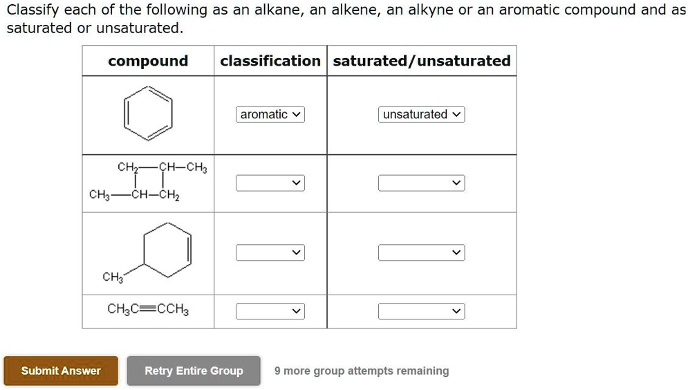 SOLVED: Classify each of the following as an alkane, an alkene, an ...