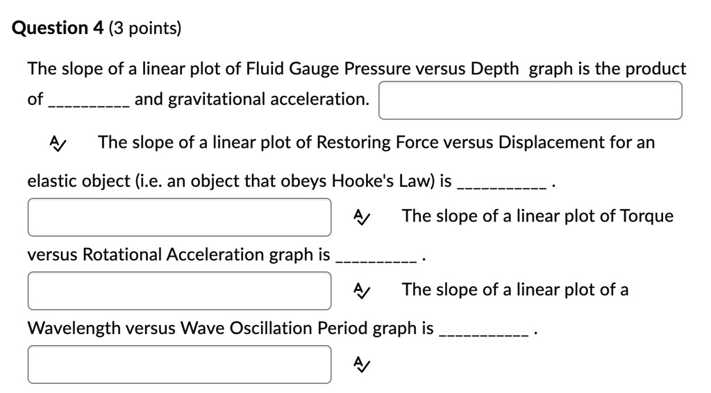 SOLVED: Question 4 (3 points) The slope of a linear plot of Fluid Gauge ... SOLVED: Question 4 (3 points) The slope of a linear plot of Fluid Gauge ...