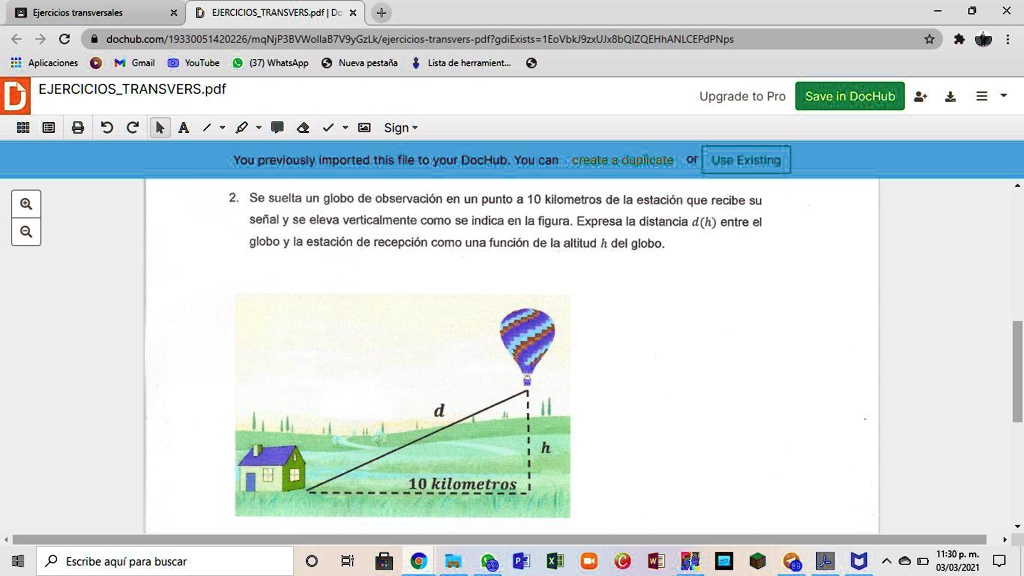 expresa de distancia d(h) entre el globo y la estación de recepción como una función de altitud ...