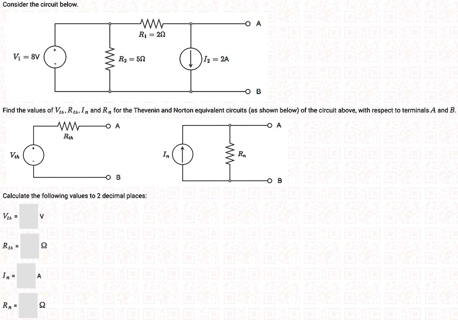 Consider the circuit below. R1 = 2Ω V1 = 8V R2 = 5Ω I2 = 2A Find the values of Vth, Rth, In and ...