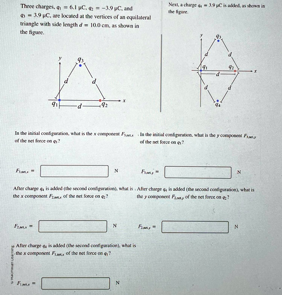 three charges q1 61 c q2 39 c and q3 39 c are located at the vertices of an equilateral triangle ...