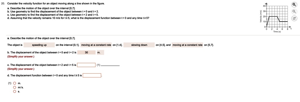 SOLVED: Consider the veolicty function for an object moving alone a line shown in the figure. 20 ...