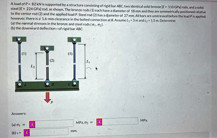 SOLVED: A load of P, 82 kN, is supported by a structure consisting of a rigid bar ABC, two ...