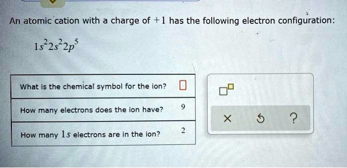 SOLVED: An atomic cation with a charge of + [ has the following electron configuration: 182s2p ...