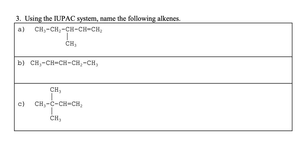 SOLVED: 3. Using the IUPAC system, name the following alkenes a) CH3-CH2-CH-CH=CH2 CH3 b)CH-CH ...