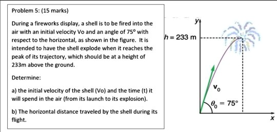 Problem 5: (15 marks) During a fireworks display, a shell is to be fired into the air with an ...