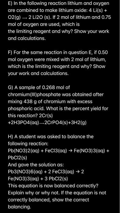 e in the following reaction lithium and oxygen are combined to make ...