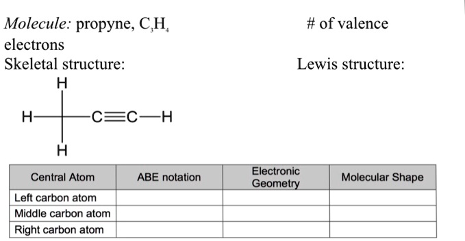 SOLVED: Molecule: propyne, C,H electrons Skeletal structure: H # of ...