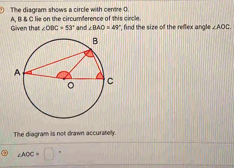 The diagram shows a circle with centre O. A, B C lie on the circumference of this circle. Given ...