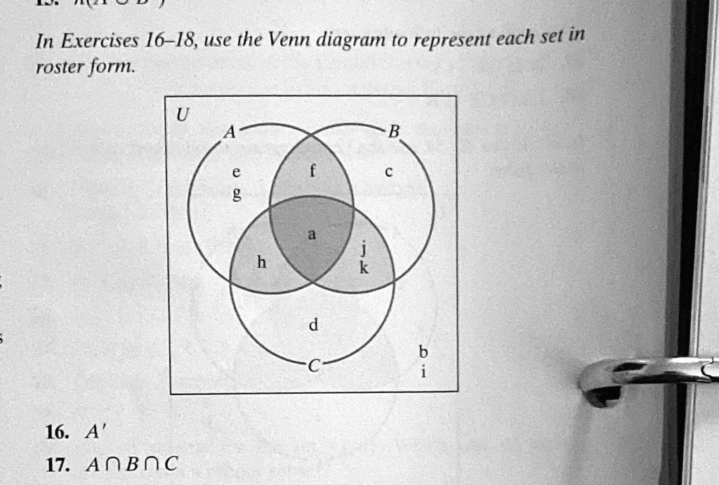 SOLVED: Number 17. In Exercises [6-18], use the Venn diagram to represent each set in roster ...