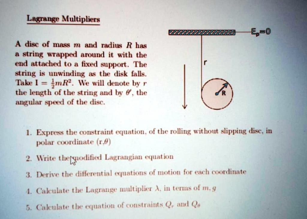 Lagrange Multipliers A disc of mass m and radius R has a string wrapped around it with the end ...