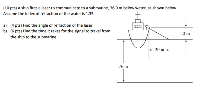 SOLVED:(10 pts) A ship fires aser to communicate to submarine; 76.0 m ...