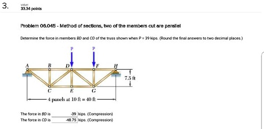 3. 33.34 points Problem 06.045 - Method of sections, two of the members ...