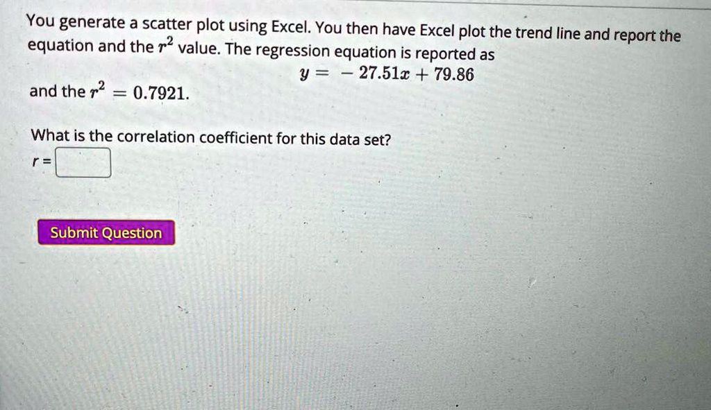 SOLVED: You generate a scatter plot using Excel. You then have Excel plot the trend line and ...
