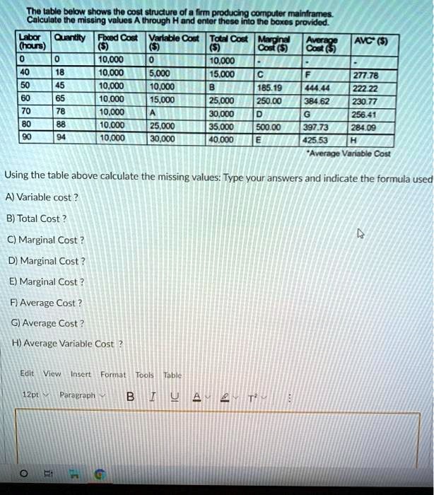 SOLVED: Microeconomics thank you. The table below shows the cost structure of a firm producing ...