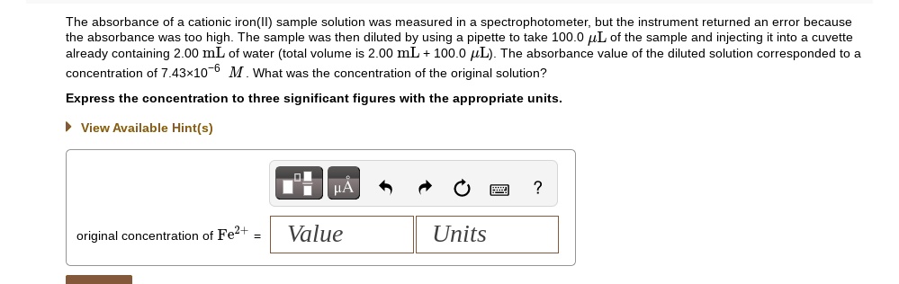 SOLVED: The absorbance of a cationic iron(II) sample solution was measured in a ...