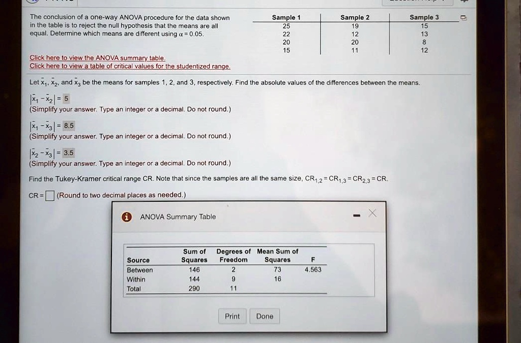 the conclusion of a one way anova procedure for the data shown in the ...