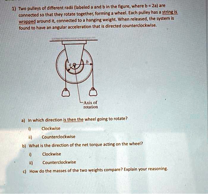 SOLVED: Two pulleys of different radii (labeled a and b in the figure, where b = 2a) are ...