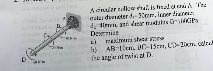 SOLVED: A circular hollow shaft is fixed at end A. The outer diameter d ...