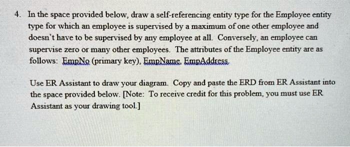 4. In the space provided below, draw a self-referencing entity type for the Employee entity type ...