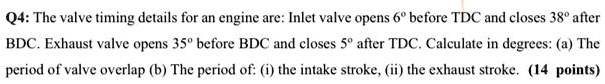 Q4: The valve timing details for an engine are: Inlet valve opens 6º ...