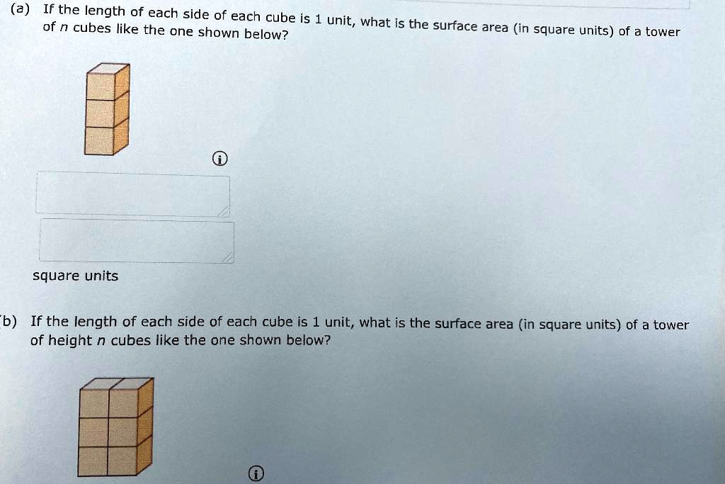 a if the length of each side of each cube is of n cubes like the one shown below 1 unit what is ...