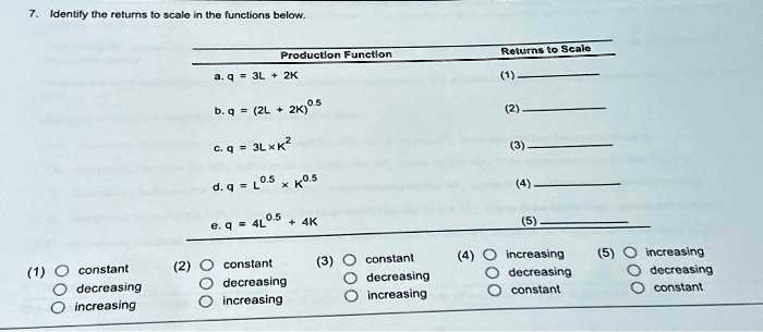 7. Identify the returns to scale in the functions below. (1) O constant ...