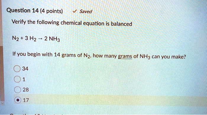 question 14 4 points saved verify the following chemical equation is ...