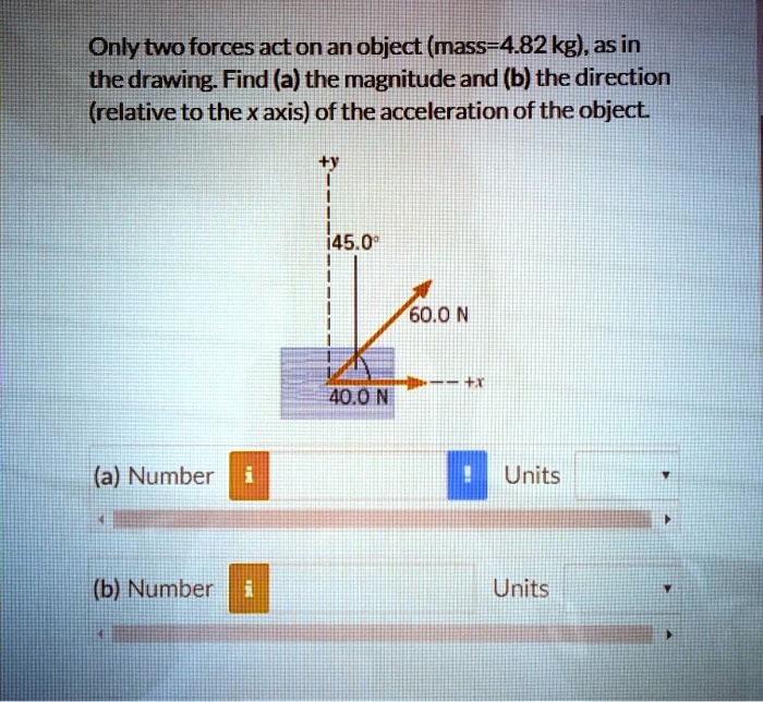 SOLVED: Only two forces act on an object (mass-4.82kg), asin the drawing Find (a) the magnitude ...