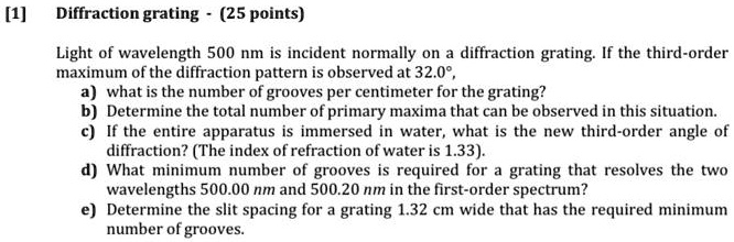 SOLVED: Diffraction grating - (25 points) Light of wavelength 500 nm is incident normally on a ...