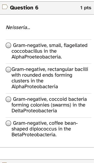 SOLVED: Question 6 1 pts Neisseria: Gram-negative; small; flagellated ...