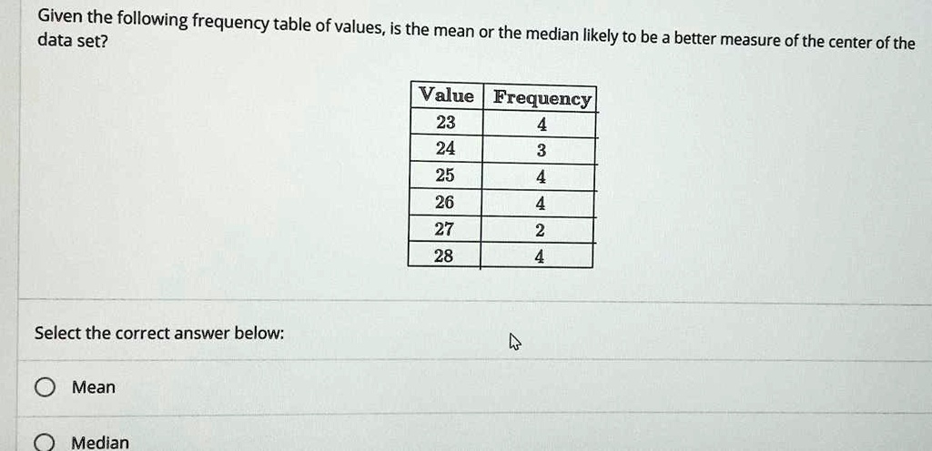 given the following frequency table of values is the mean or the median ... given the following frequency table of values is the mean or the median ...