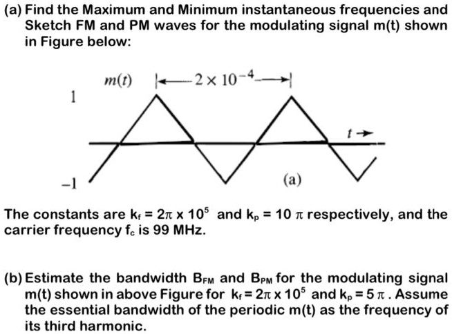 A Find The Maximum And Minimum Instantaneous Frequencies And Sketch Fm And Pm Waves For The