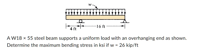 a w18 times 55 steel beam supports a uniform load with an overhanging end as shown determine the ...