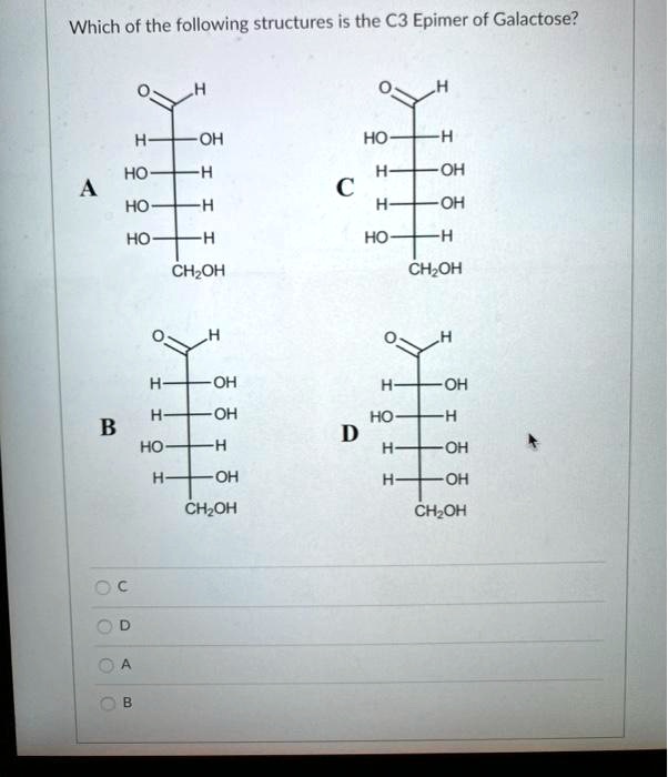 SOLVED: Which of the following structures is the C3 Epimer of Galactose? OH HO- HO- OH HO HO- OH ...