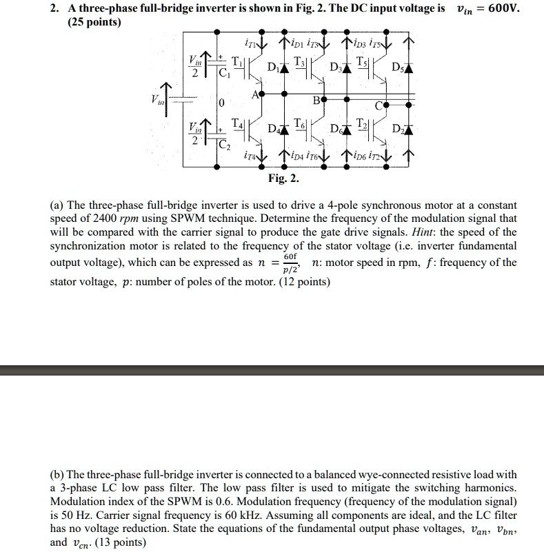 2. A three-phase full-bridge inverter is shown in Fig. 2. The DC input voltage is vin = 600V ...